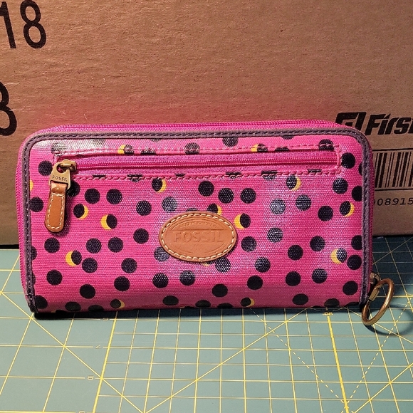 Fossil | Bags | Fossil Pink And Black Polka Dot Wallet | Poshmark